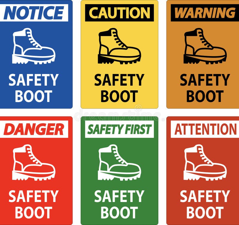Colorful Safety Boot Signs Displaying Various Warning Messages for ...