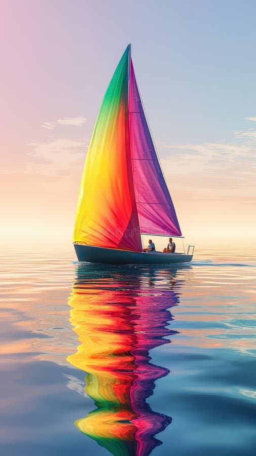 Colorful Sailboat Reflecting on Tranquil Waters at Dawn Stock Image ...