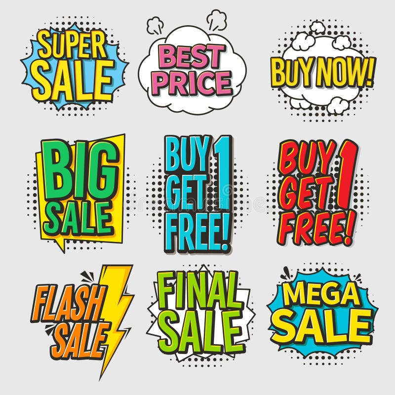 Colorful Sale Comic Bubbles Set with Halftone Effect Stock Vector ...