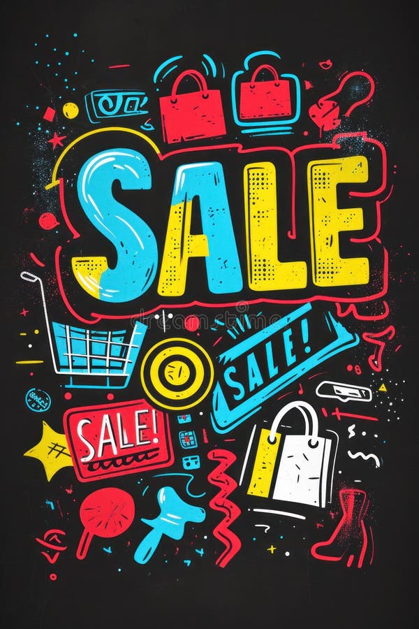 A Colorful Sale Sign with Various Items on it, AI Stock Photo - Image ...