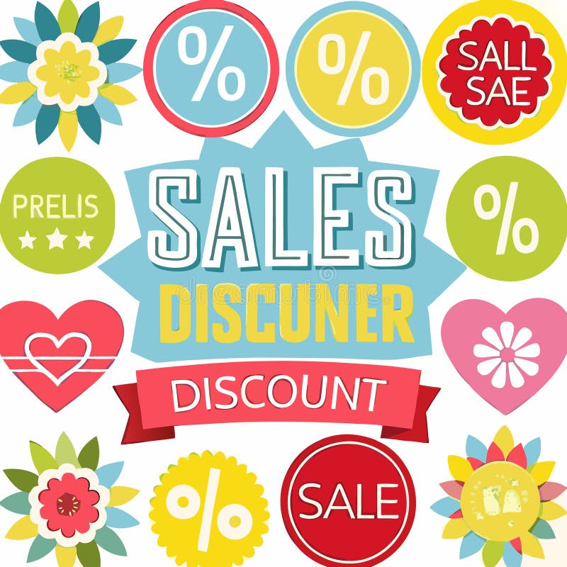 Colorful Sales Discount Elements with Flowers and Hearts Stock Vector ...
