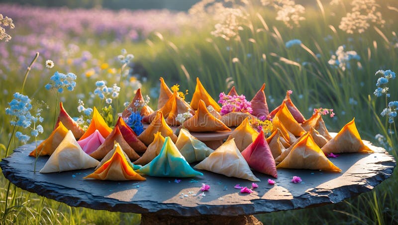 Colorful Samosas on a Stone Table in a Summer Meadow Stock Illustration ...