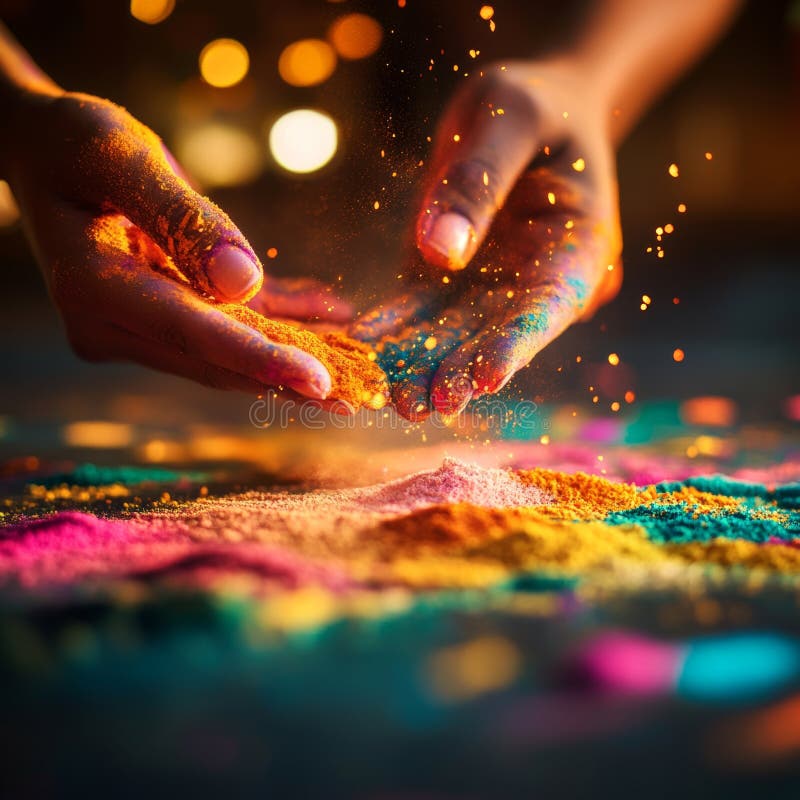 Colorful Sand Particles in Hands with Light Effects Stock Illustration ...