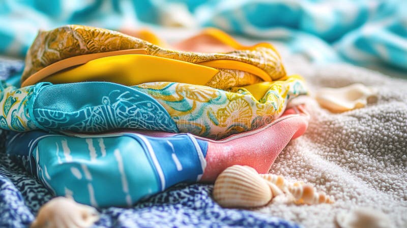 Colorful Sarongs and Seashells on Sandy Beach Stock Photo - Image of ...
