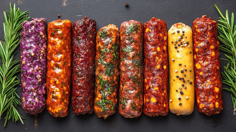 Colorful Sausage Snacks, Various Flavors and Herbs Stock Illustration ...