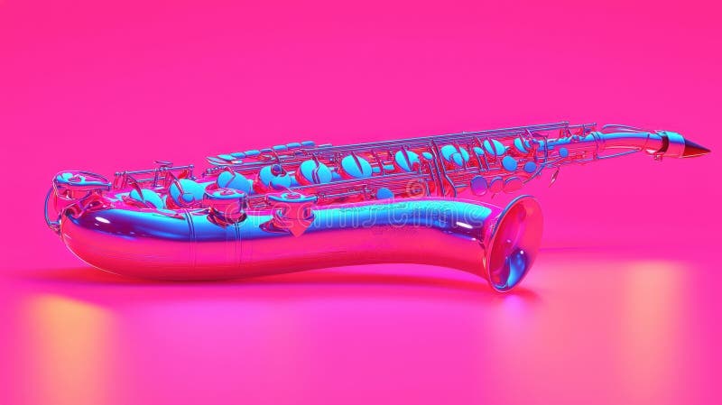 Colorful Saxophone on Vibrant Pink Backdrop with Glossy Reflections and ...