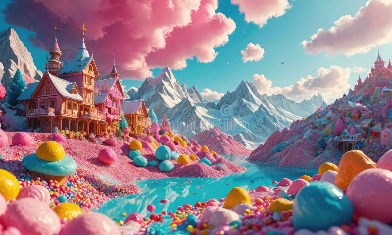 A Colorful Scene of a Candy Land with a Castle and a River in the ...