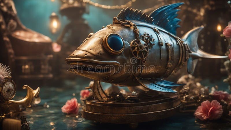 A Colorful Scene of a Steampunk Small Fish, with , Flowers, Stock ...