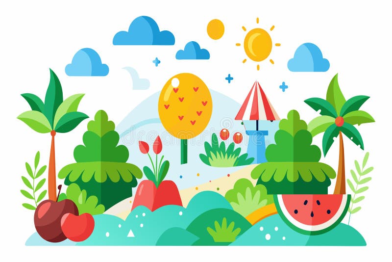 A Colorful Scene of a Tropical Forest with a Watermelon, a Tree Stock ...