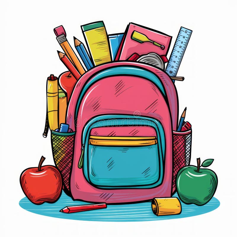 Colorful School Backpack with Books, Ruler, Pencils, and Apples ...