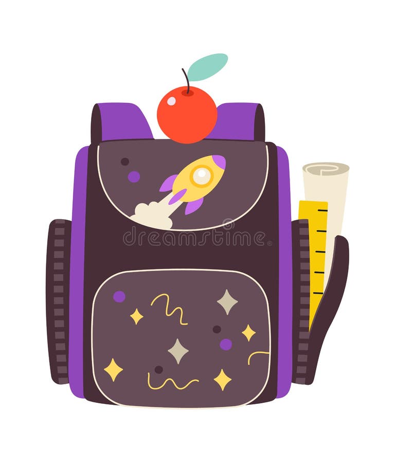Colorful School Bag with Apple Flat Icon Backpack for Children Stock ...
