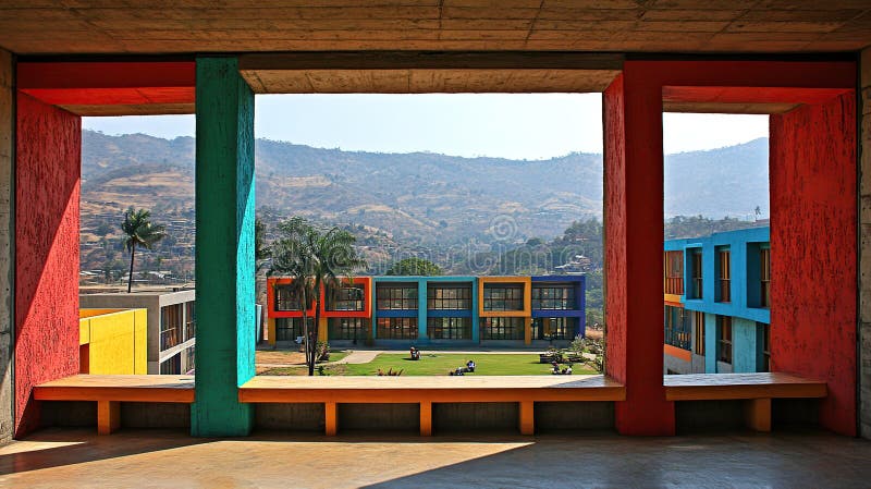 Colorful School Building Courtyard View Stock Illustration ...