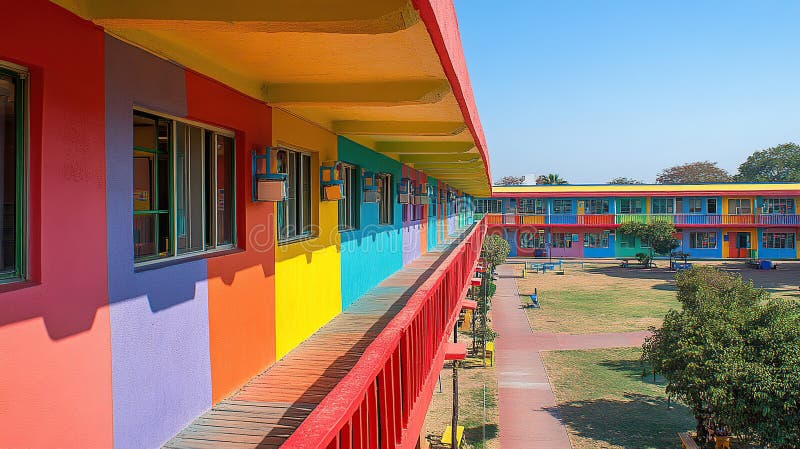 Colorful School Building Exterior with Walkway and Courtyard Stock ...
