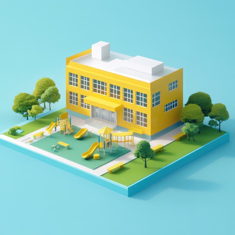 A Colorful School Building with a Playground, Designed for Children S ...