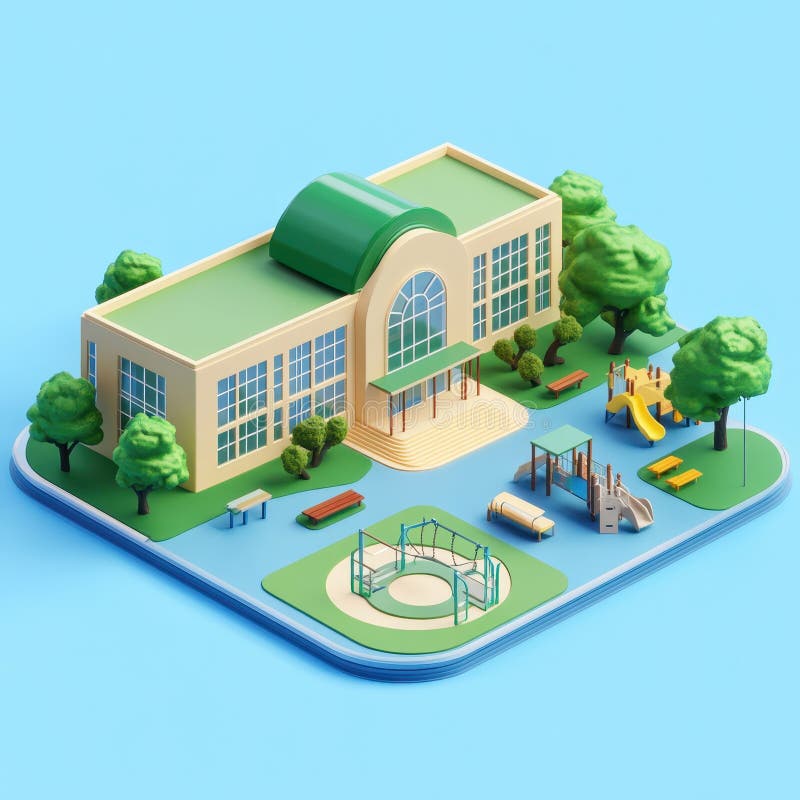A Colorful School Building with a Playground, Trees, and Benches in a ...