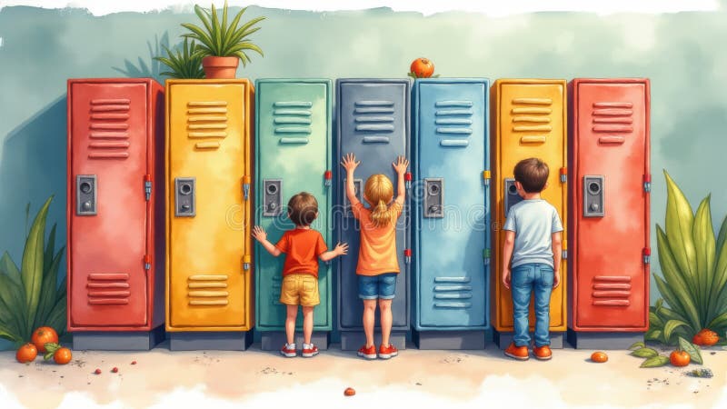 Colorful School Lockers and Children Stock Illustration - Illustration ...