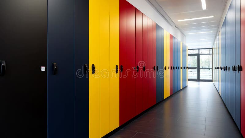 Colorful School Lockers in Modern Hallway Interior Design for Storage ...