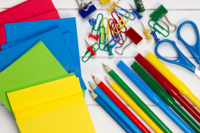 Colorful School Requisites on a Desk Stock Photo - Image of drawing ...