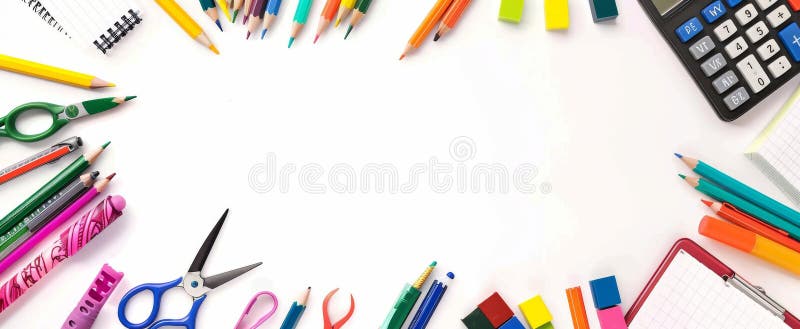 Colorful School Supplies Arranged on a White Background for Education ...