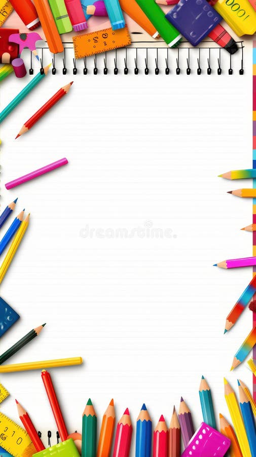 Colorful School Supplies Create a Double Border on Lined Paper ...