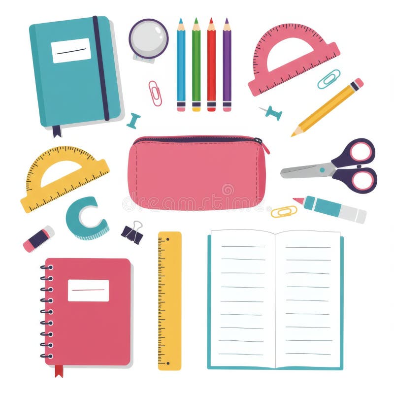 Colorful School Supplies Flatlay on White Background Stock Illustration ...