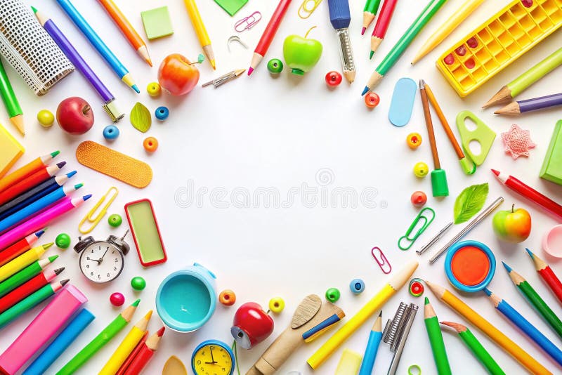 Colorful School Supplies Frame on White Stock Illustration ...