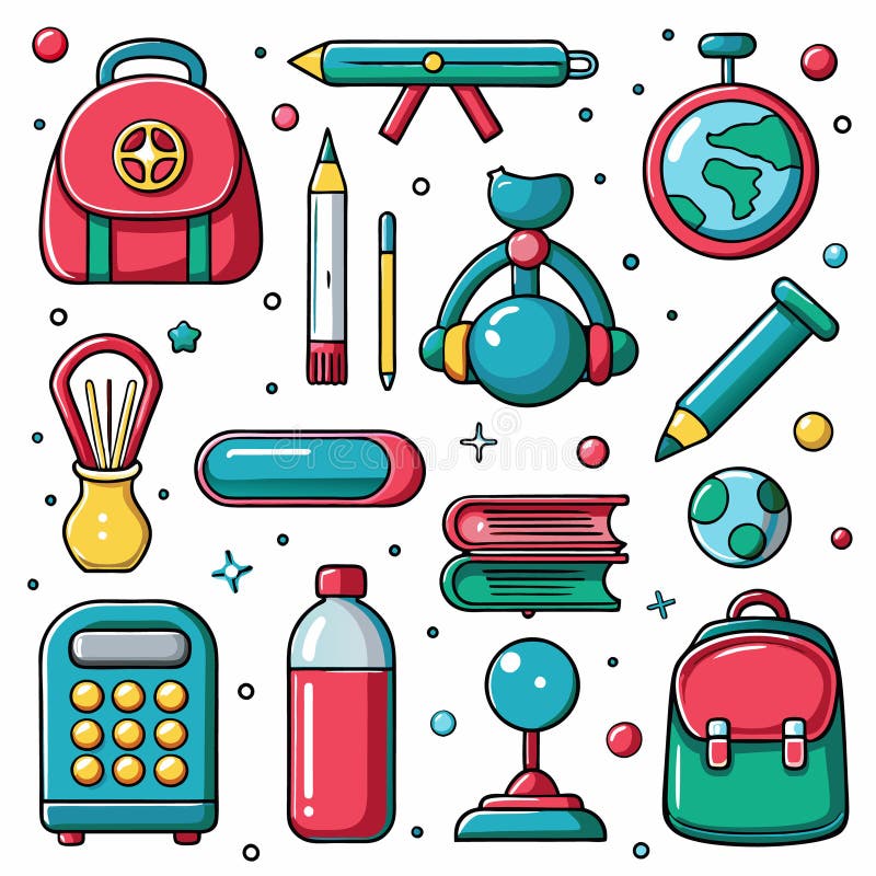 Colorful School Supplies and Learning Tools Illustration Stock Vector ...