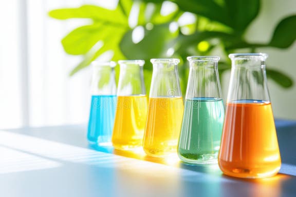 Colorful Science Experiment with Flasks of Liquid on a Navy Table in a ...