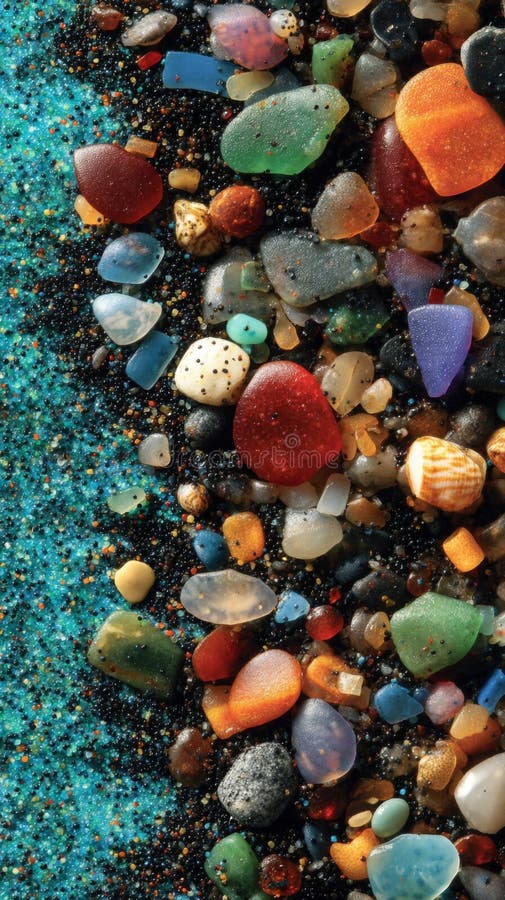 Colorful Sea Glass and Pebbles on Dark Sand Stock Illustration ...