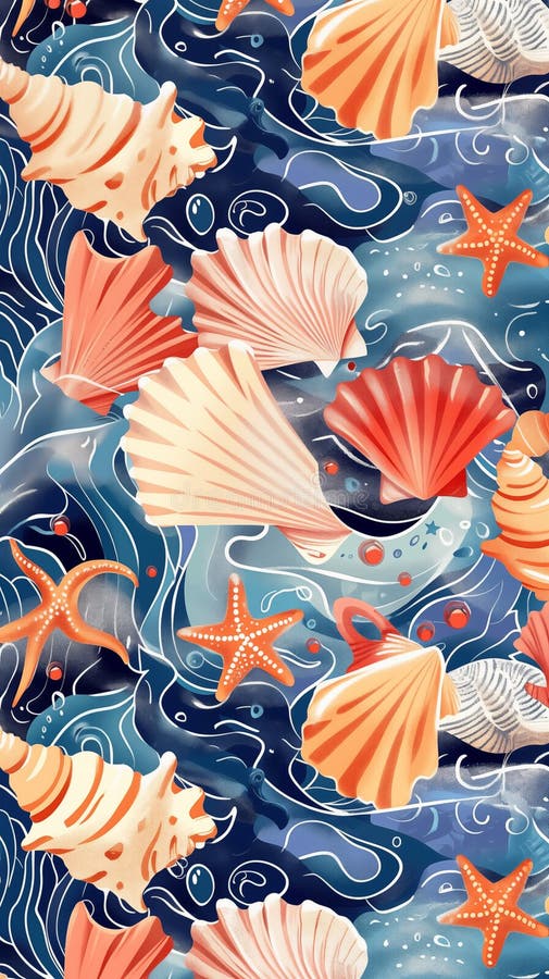 Colorful Sea Shells, Starfish, and Wave Patterns on Blue Background ...
