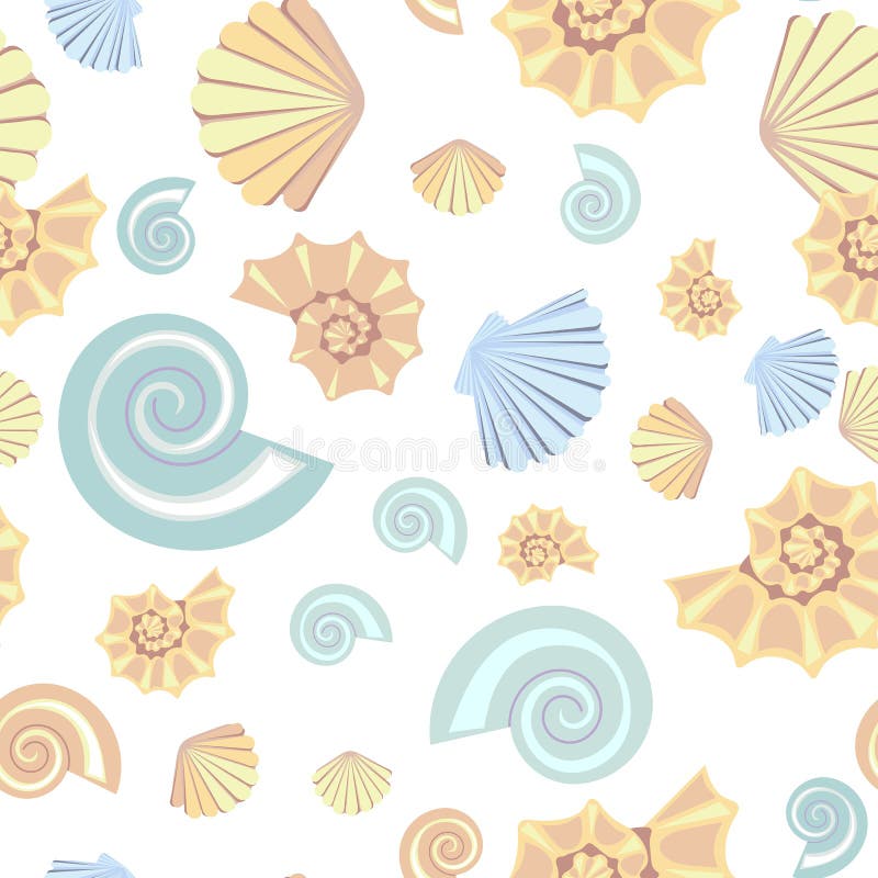 Colorful Sea Shells on a White Background. Seamless Pattern. Flat Style ...