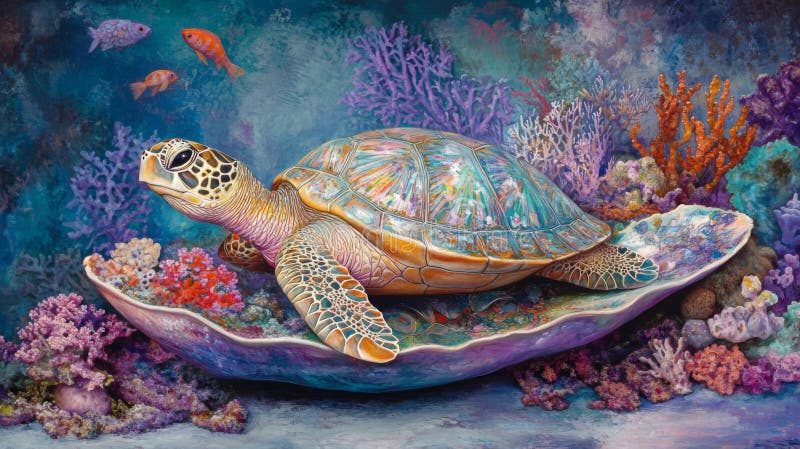 Colorful Sea Turtle on Vibrant Coral Reef Stock Illustration ...