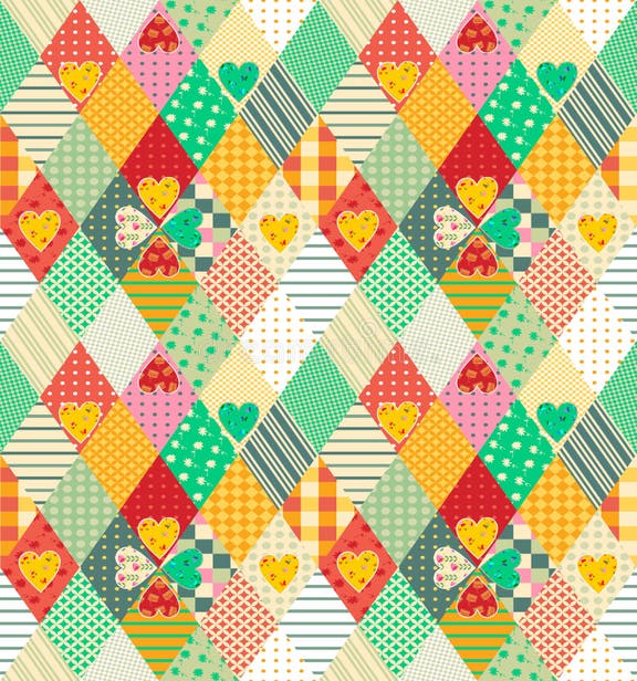 Colorful Seamless Patchwork Pattern with Rhombuses and Hearts. Stock Vector - Illustration of ...