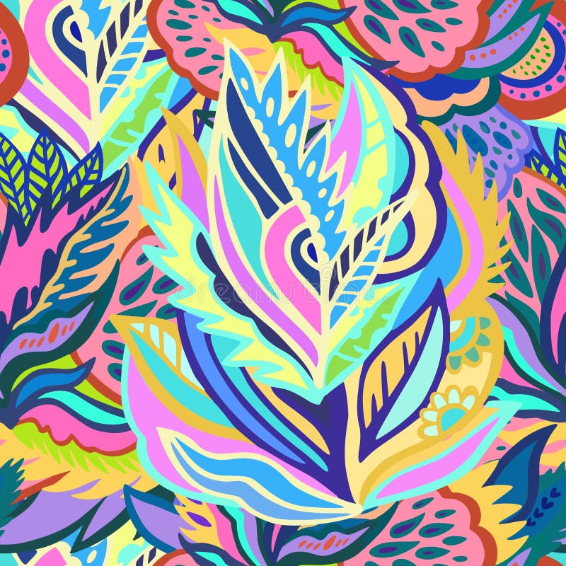 Colorful Seamless Pattern with Chaotic Floral and Psychedelic Abstract ...