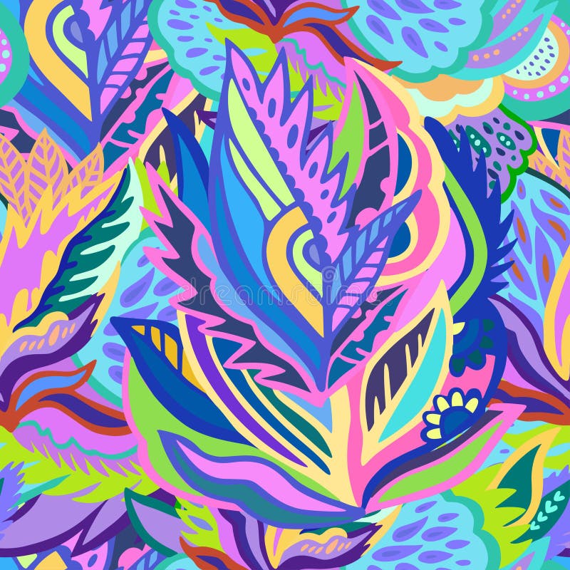 Colorful Seamless Pattern with Chaotic Floral and Psychedelic Abstract ...