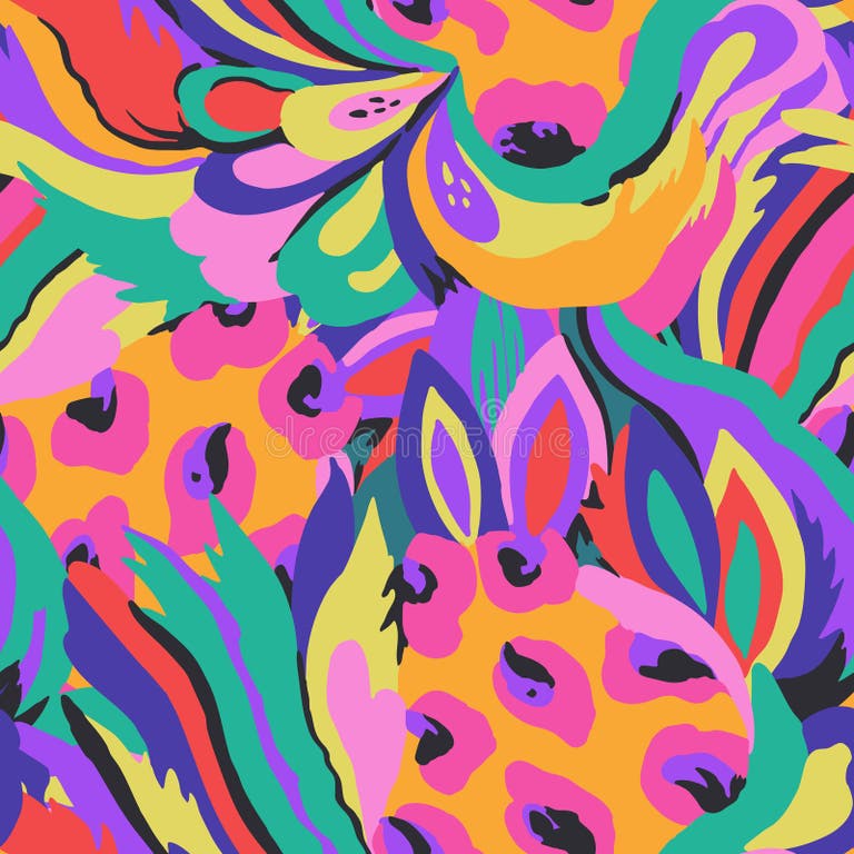 Colorful Seamless Pattern with Chaotic Floral and Psychedelic Abstract ...