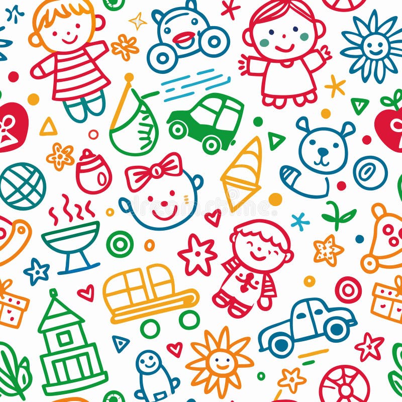 Colorful Seamless Pattern with Cute Kids, Toys, and Playful Elements ...