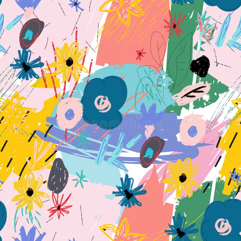 Colorful Seamless Pattern Displaying Hand Drawn Botanical Elements and ...