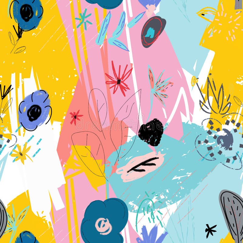 Colorful Seamless Pattern Displaying Hand Drawn Botanical Elements and ...