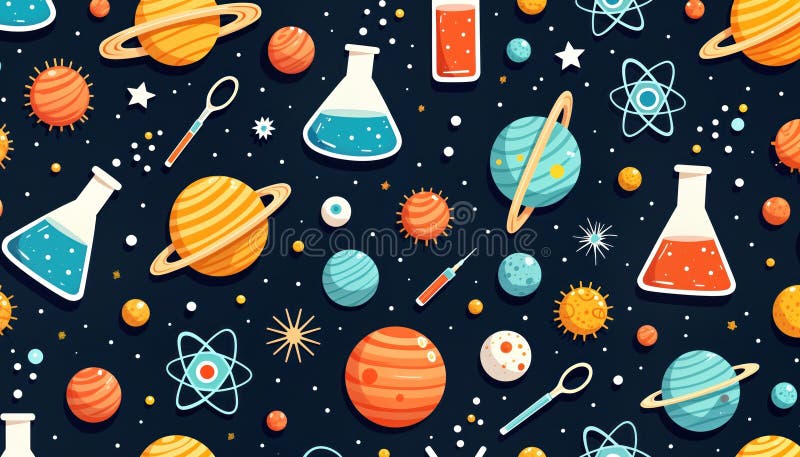 Colorful Seamless Pattern Featuring Planets Atoms, Lab Instruments in ...