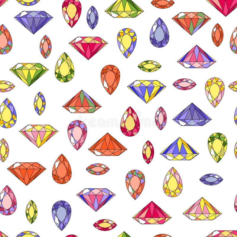 Colorful Seamless Pattern with Gem Stones and Diamonds on White ...