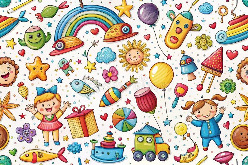 Colorful Seamless Pattern with Happy Kids, Toys, and Rainbow Stock ...