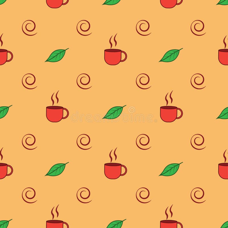 Colorful Seamless Pattern with Hot Tea Drink and Green Leaves Ornament ...