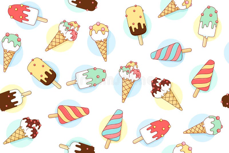 Colorful Seamless Pattern with Ice Cream Different Pastel Color in Line ...
