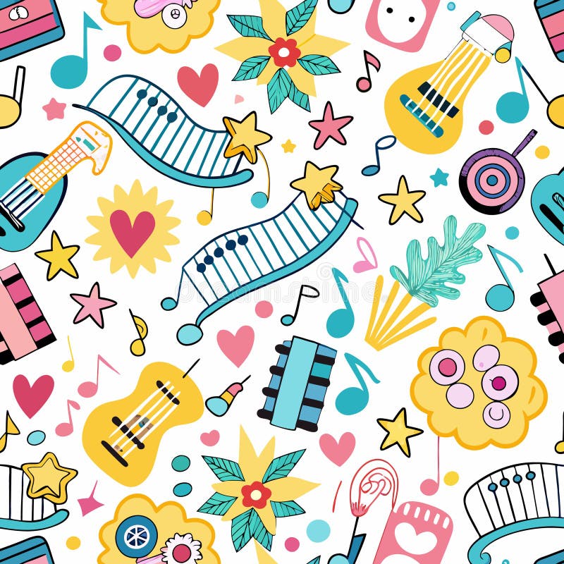 Colorful Seamless Pattern with Musical Instruments, Notes, Hearts ...