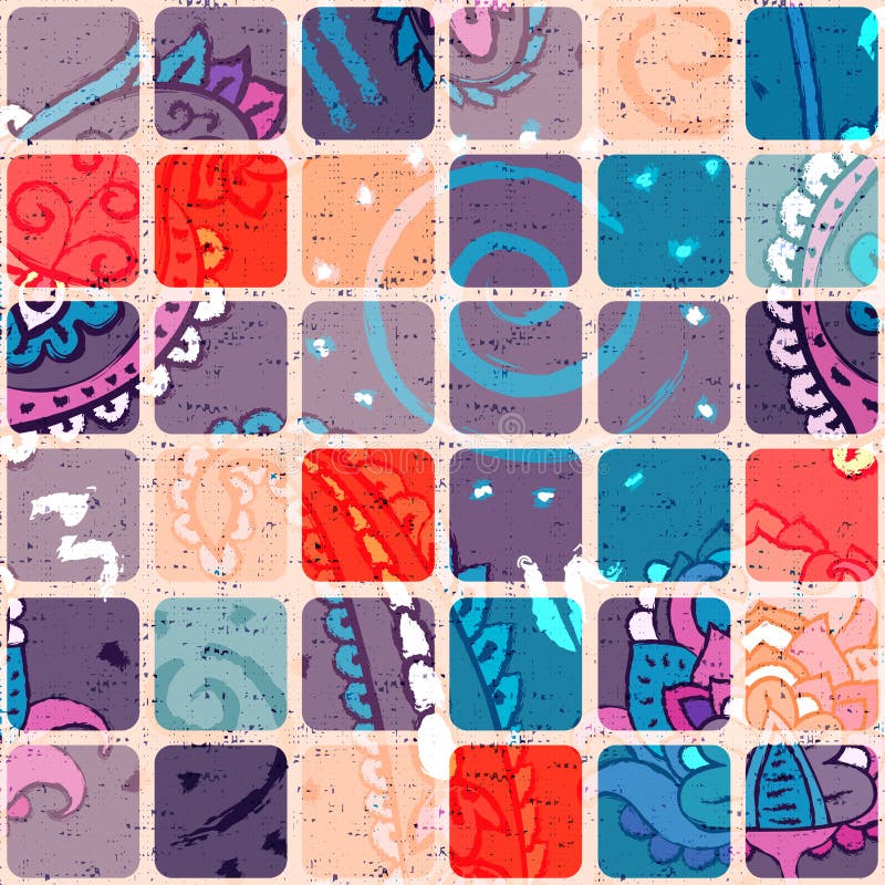 Colorful Seamless Pattern with Ornament and Squares. Vector Geometrical ...