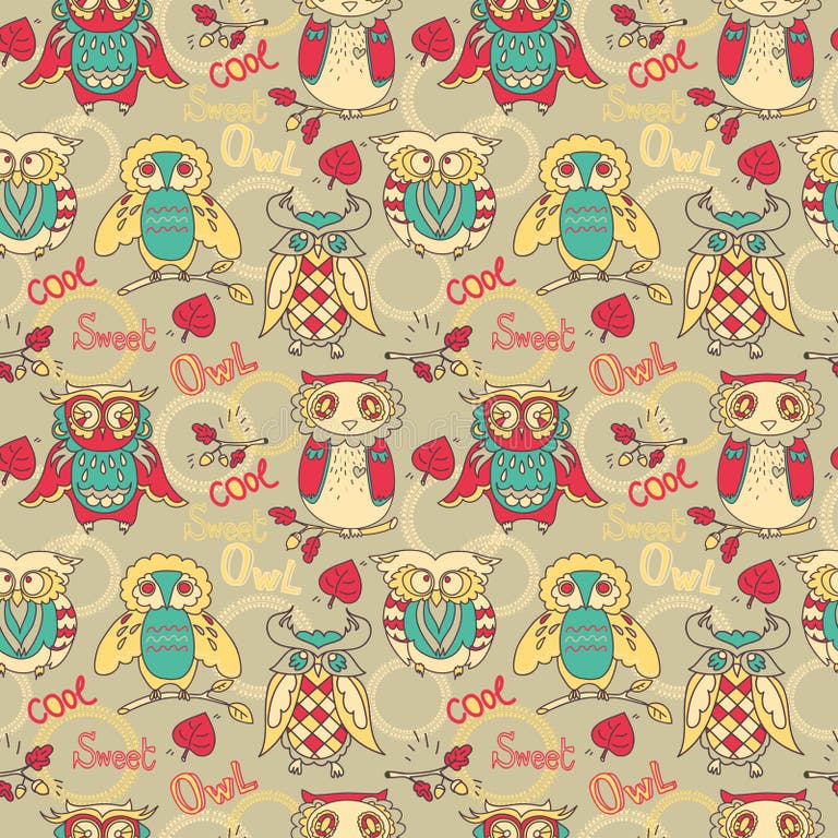 Colorful Seamless Pattern Witn Cute Doodle Owls Stock Vector ...