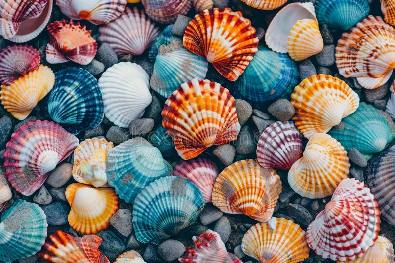 Colorful Seashell Assortment on Pebbles Stock Illustration ...