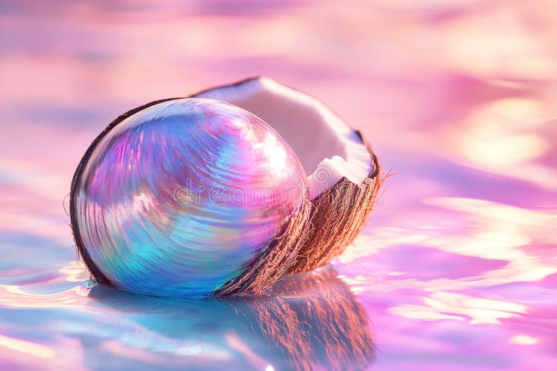Colorful Seashell in a Coconut Shell Resting on Shimmering Water ...