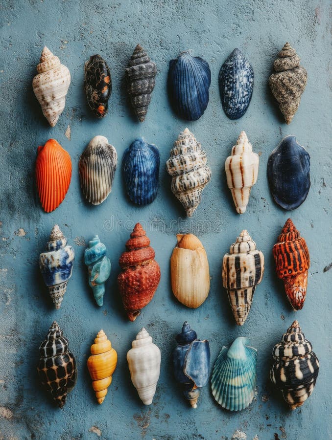 Colorful Seashell Collection on Blue Background Stock Illustration ...